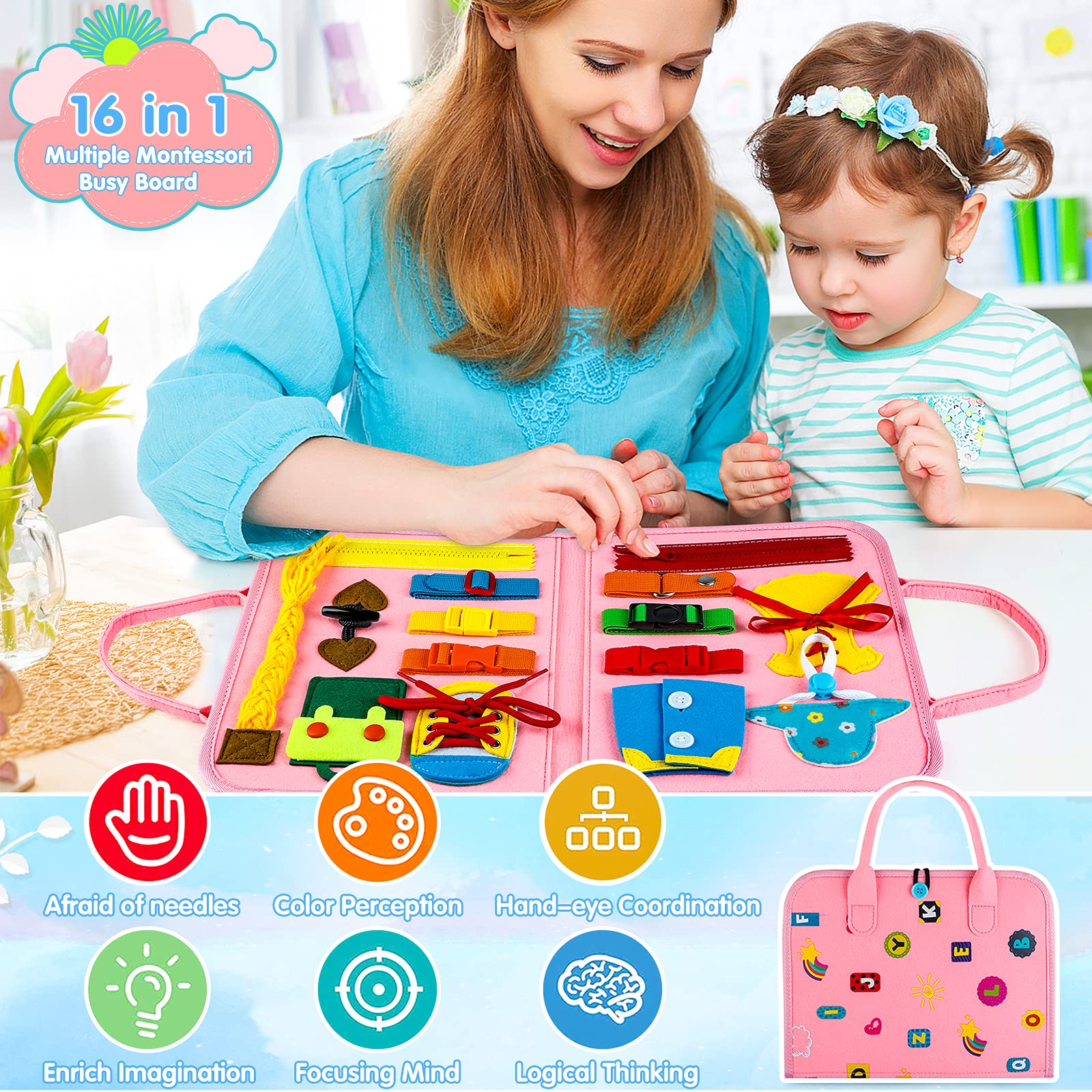 GIFTINBOX Toddler Busy Board Montessori Toys Basic Skills Board for Toddlers Learning Dress, Educational Learning Toys, Bag Designed Enlighten Toy for Infants, Boys and Girls 3 4 5 Year Old-A