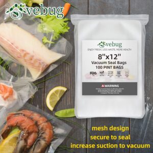 VEBUG Vacuum Sealer Bags Quart Size 100 Pack 8" x 12" Seal a Meal BPA Free Heavy Duty Commercial Grade Great for vac storage Meal Prep or Sous Vide