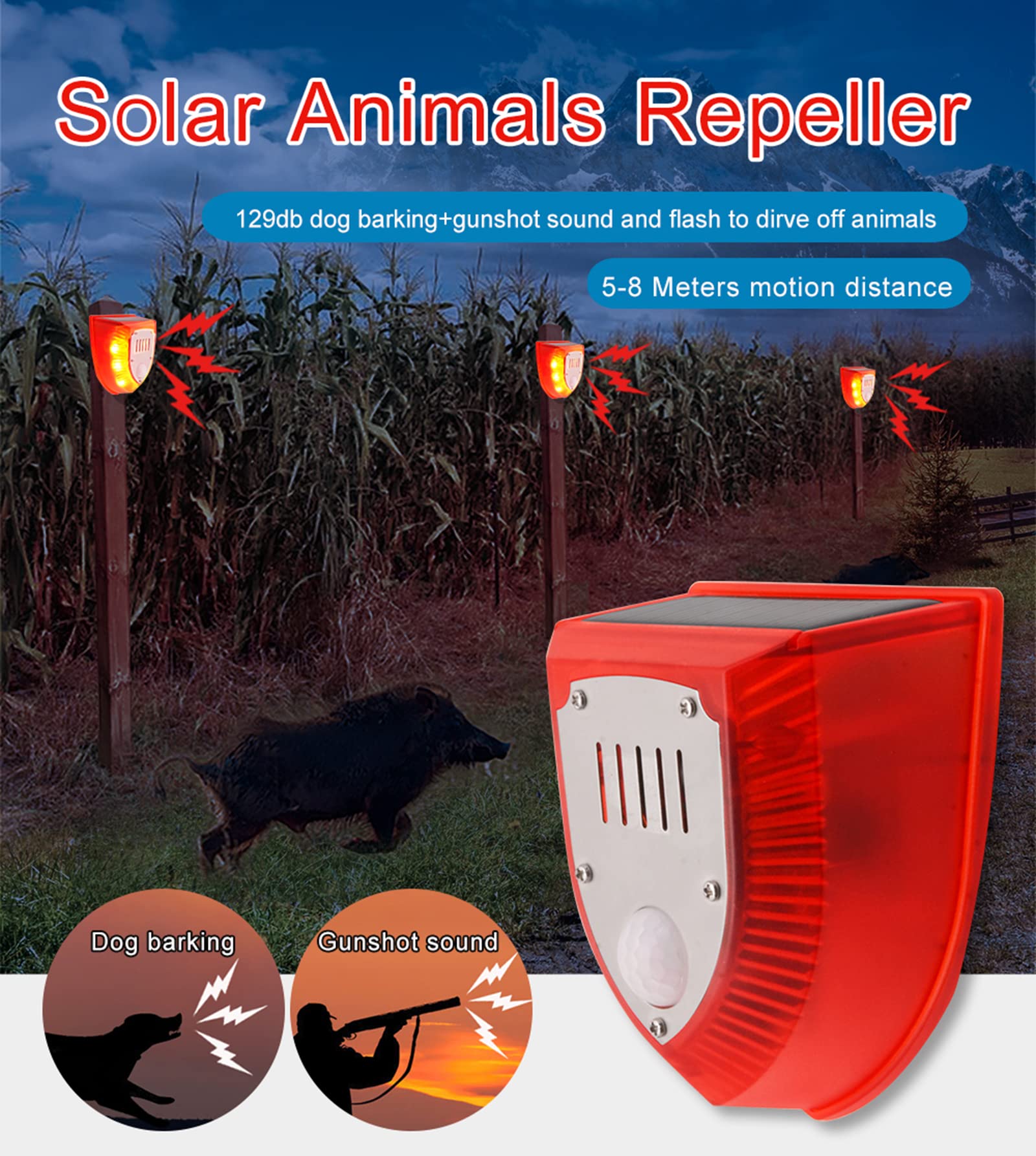 LAFEINA Solar Motion Sensor Light & Sound Alarm, 129dB Gunshot & Dog Barking Sound & Strobe Light Security Alarm Siren for Garden Farm Villa