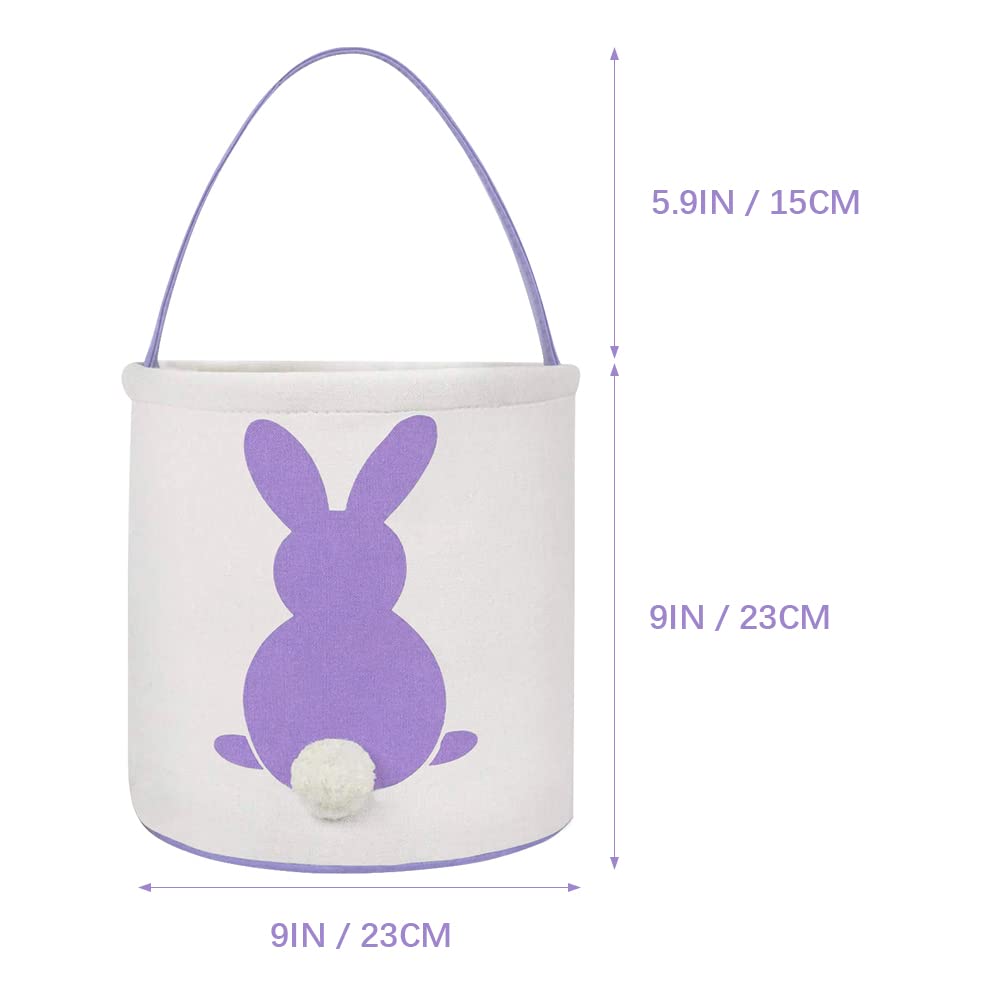 2Pcs Easter Baskets Easter Eggs Bags Bunny Canvas Bags for Kids, Rabbit Fluffy Tails Party Celebrate Decoration Gifts Bags for Easter Bunny Bag to Carry Eggs Candy and Gifts (Green&Purple)