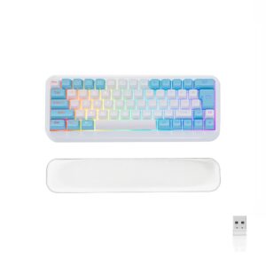 7keys 60% 2.4g wireless gaming keyboard with wrist rest, compact 63 keys mini rgb light up keyboard for pc mac laptop, portable, rechargeable suit for typing and gaming(white&blue)