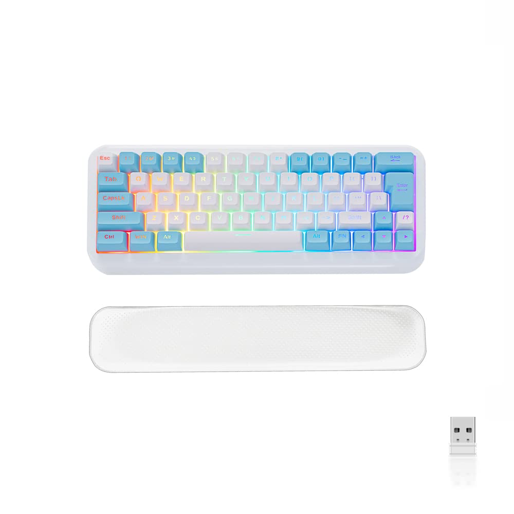 7KEYS 60% 2.4G Wireless Gaming Keyboard with Wrist Rest, Compact 63 Keys Mini RGB Light up Keyboard for PC Mac Laptop, Portable, Rechargeable Suit for Typing and Gaming(White&Blue)