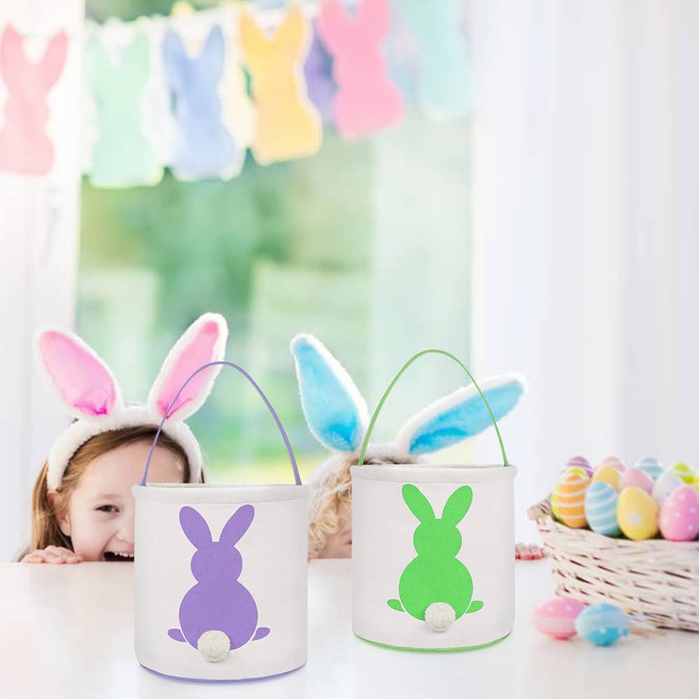 2Pcs Easter Baskets Easter Eggs Bags Bunny Canvas Bags for Kids, Rabbit Fluffy Tails Party Celebrate Decoration Gifts Bags for Easter Bunny Bag to Carry Eggs Candy and Gifts (Green&Purple)