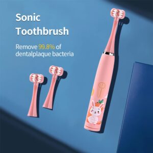 LEYUYO Electric Toothbrush for Kids 6 Sided 360° Sonic Cleaning 31000 Strokes Rechargeable 3D Sonic Tooth Brush with Timer, 2 Bristles, 4 Modes, Pink