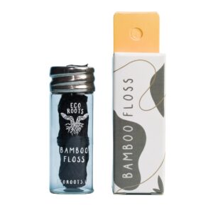 eco roots bamboo floss, eco friendly dental floss | reusable flosser glass holder | vegan bamboo flossers | zero waste, plastic free, biodegradable tooth floss | sustainable products