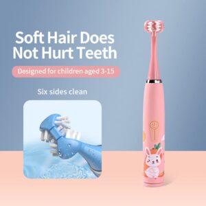 LEYUYO Electric Toothbrush for Kids 6 Sided 360° Sonic Cleaning 31000 Strokes Rechargeable 3D Sonic Tooth Brush with Timer, 2 Bristles, 4 Modes, Pink