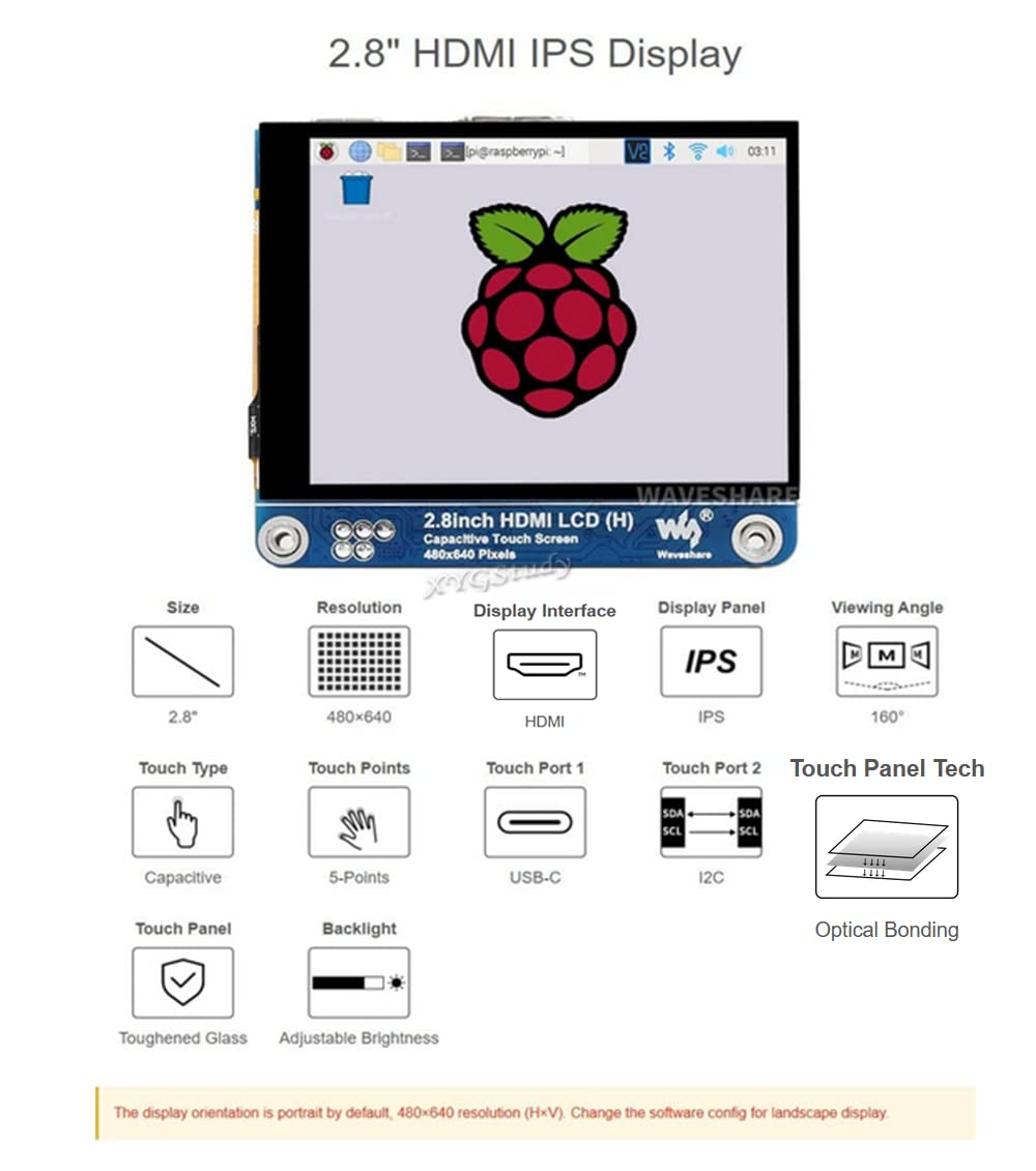 2.8inch HDMI IPS Capacitive LCD Display (H) Resolution 480×640 Adjustable Brightness Fully Laminated Screen Monitor Supports Raspberry Pi 5 4 3 B B+ and AI PC Windows 11/10 / 8.1/8 / 7 @XYGStudy