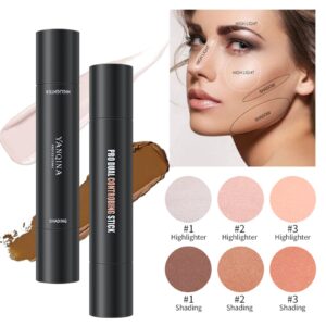 Highlight Contour Stick, 2 in 1 Body Makeup Shading Stick, Face Highlighters Sticks, Concealer Contour Highlighter Stick,Cruelty Free Makeup,double-end face concealer contouring sticks cream (01#Lvory+Dark Brown)