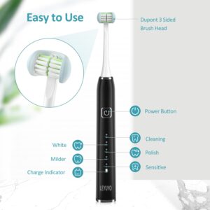 LEYUYO Travel Sonic Electric Toothbrush 360° Cleaning 3 Sided Brush Head 3D Waterproof Rechargeable Tooth Brush for Adults with 4pcs Brush Heads Replacement, Timer, 5 Modes, Black