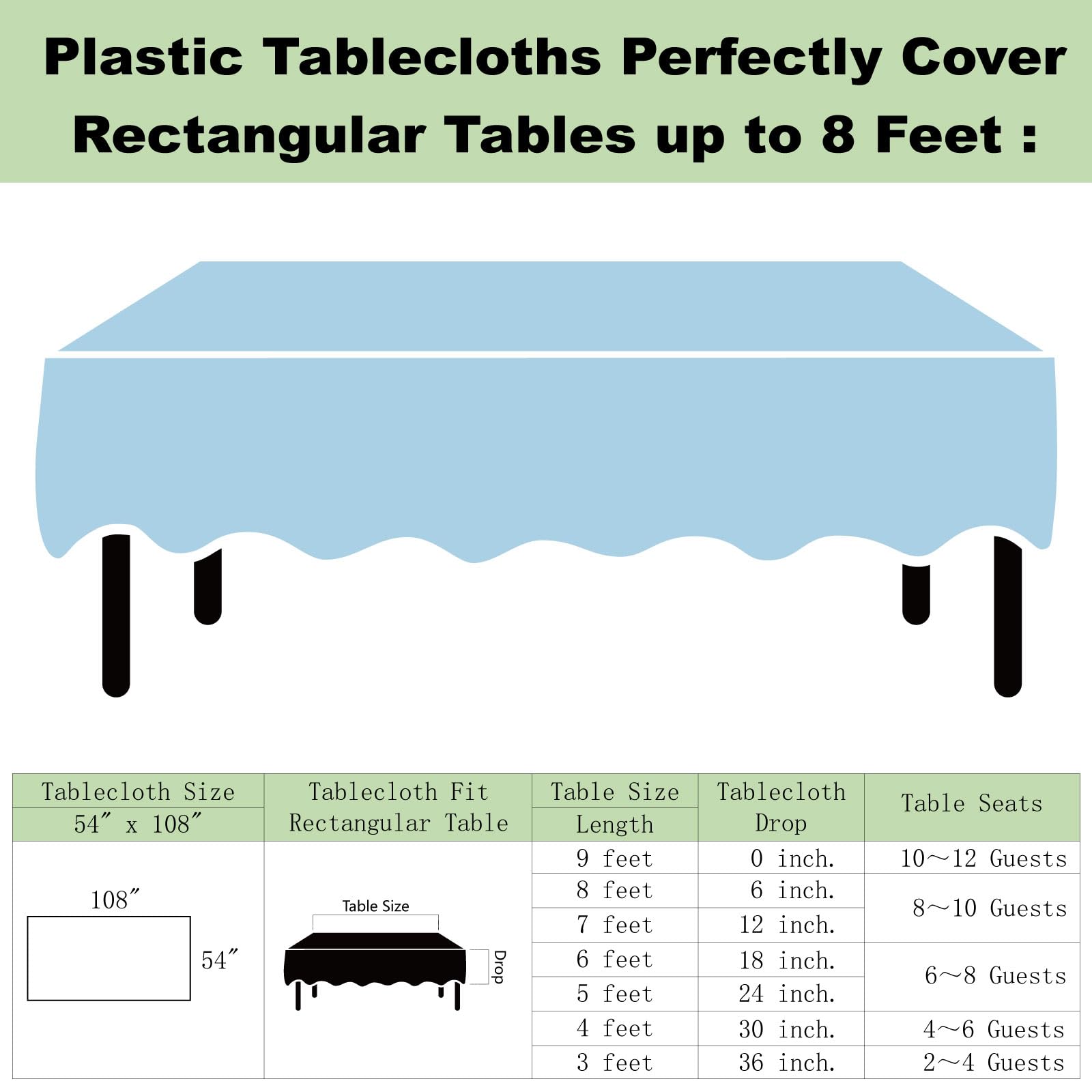 Plastic Light Sky Blue Tablecloths 3 Pack Disposable Table Covers 54" x 108" Powder lt Blue Table Cloths for Gender Reveal Parties Baby Shower Engagement Wedding, Fits 6 to 8 Foot Rectangle Tables