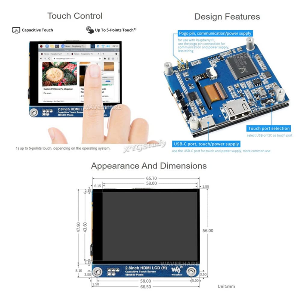 2.8inch HDMI IPS Capacitive LCD Display (H) Resolution 480×640 Adjustable Brightness Fully Laminated Screen Monitor Supports Raspberry Pi 5 4 3 B B+ and AI PC Windows 11/10 / 8.1/8 / 7 @XYGStudy