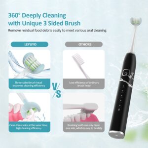 LEYUYO Travel Sonic Electric Toothbrush 360° Cleaning 3 Sided Brush Head 3D Waterproof Rechargeable Tooth Brush for Adults with 4pcs Brush Heads Replacement, Timer, 5 Modes, Black