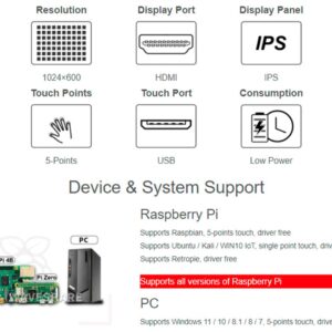 for Raspberry Pi 7inch HDMI LCD (C) Rev4.1, 7" 1024×600 Capacitive Touch Screen IPS Display Monitor for Raspberry Pi 4B/3B+/3B/2B/B+/A+/Zero W/WH/BeagleBone Black/Banana Pi, PC Windows 10/8.1/8/7