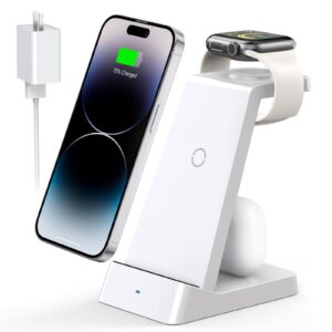 wireless charging station,18w fast wireless charger compatible with iphone 14/13/12/11/pro/max/se/xs/xr/x/8 plus/8, 3 in 1 wireless charging dock stand for apple watch series & airpods (with adapter)