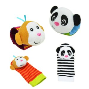 asuwish 4pcs baby soft rattle，cute soft baby socks toys，wrist chew toy，baby socks toys wrist rattle and foot finder for newborn boy or girl (monkey and panda)