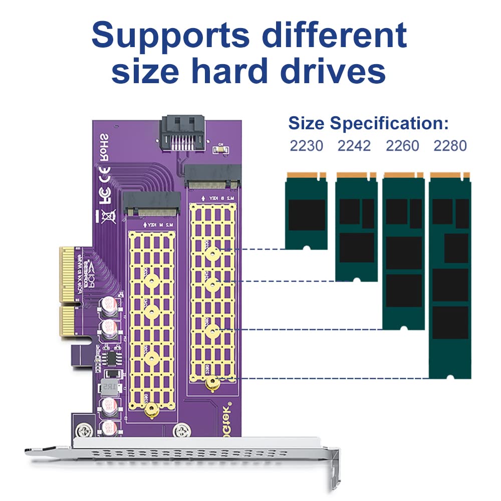 10Gtek 2-Port M.2 NVMe Adapter M-Key and B-Key, PCIe X4 Gen3.