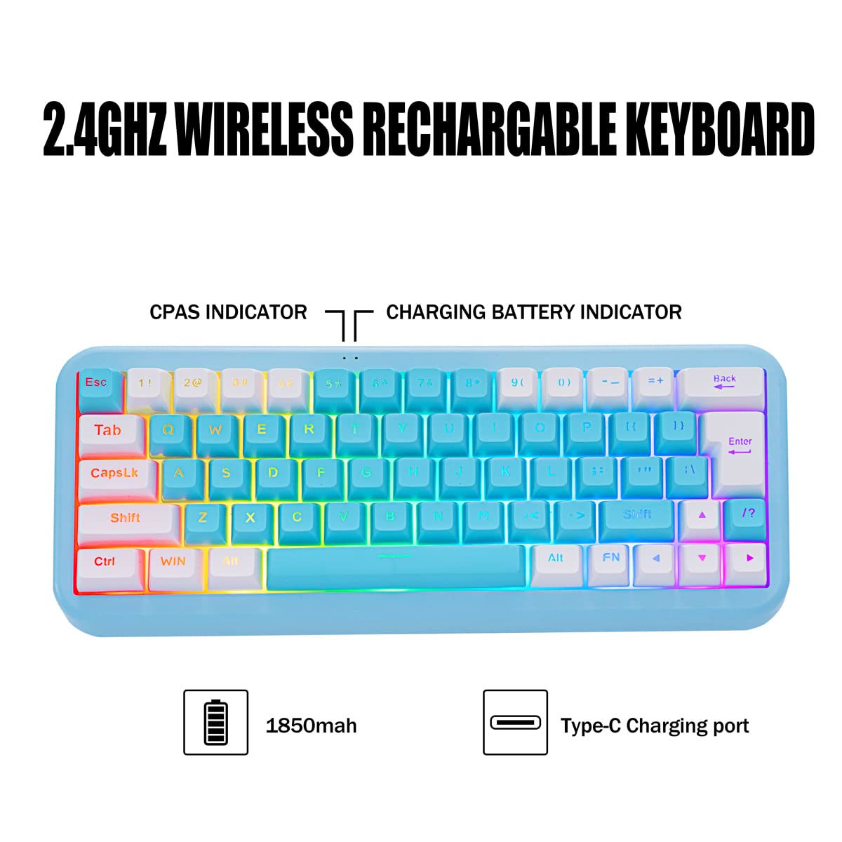 7KEYS 60% 2.4G Wireless Gaming Keyboard with Wrist Rest, Compact 63 Keys Mini RGB Light up Keyboard for PC Mac Laptop, Portable, Rechargeable Suit for Typing and Gaming(White&Blue)