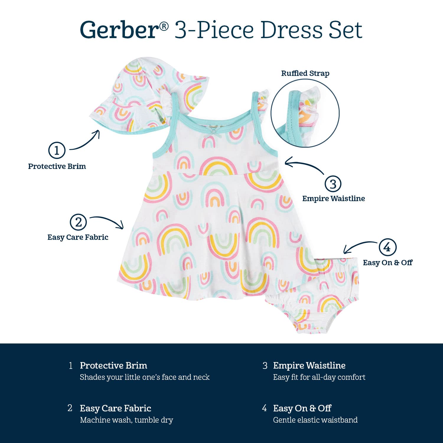 Gerber Baby Girls' 3-Piece Sundress, Diaper Cover and Hat Set, Rainbow Print, 6-9 Months