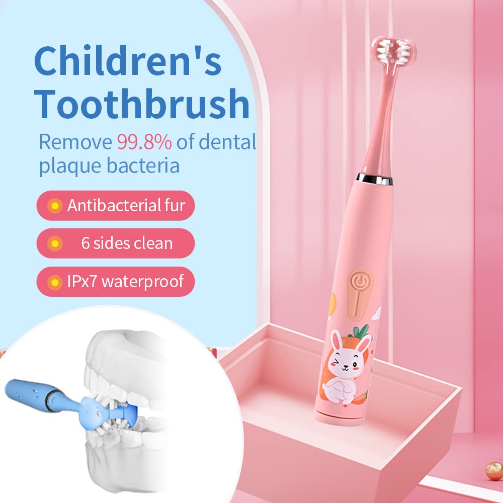 LEYUYO Electric Toothbrush for Kids 6 Sided 360° Sonic Cleaning 31000 Strokes Rechargeable 3D Sonic Tooth Brush with Timer, 2 Bristles, 4 Modes, Pink