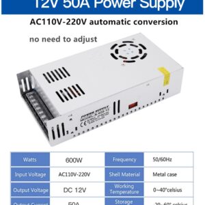 DC 12V 50A 600W Power Supply Adapter Transformer Switch AC 110V / 220V to DC 12V 20amp Switching Converter LED Driver for LED Strip Light CCTV Camera Security System Radio,Computer Project,3D Printer