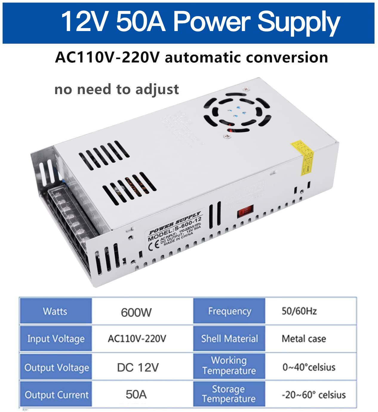 DC 12V 50A 600W Power Supply Adapter Transformer Switch AC 110V / 220V to DC 12V 20amp Switching Converter LED Driver for LED Strip Light CCTV Camera Security System Radio,Computer Project,3D Printer