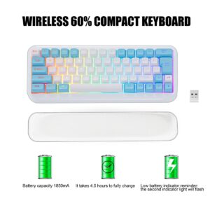 7KEYS 60% 2.4G Wireless Gaming Keyboard with Wrist Rest, Compact 63 Keys Mini RGB Light up Keyboard for PC Mac Laptop, Portable, Rechargeable Suit for Typing and Gaming(White&Blue)