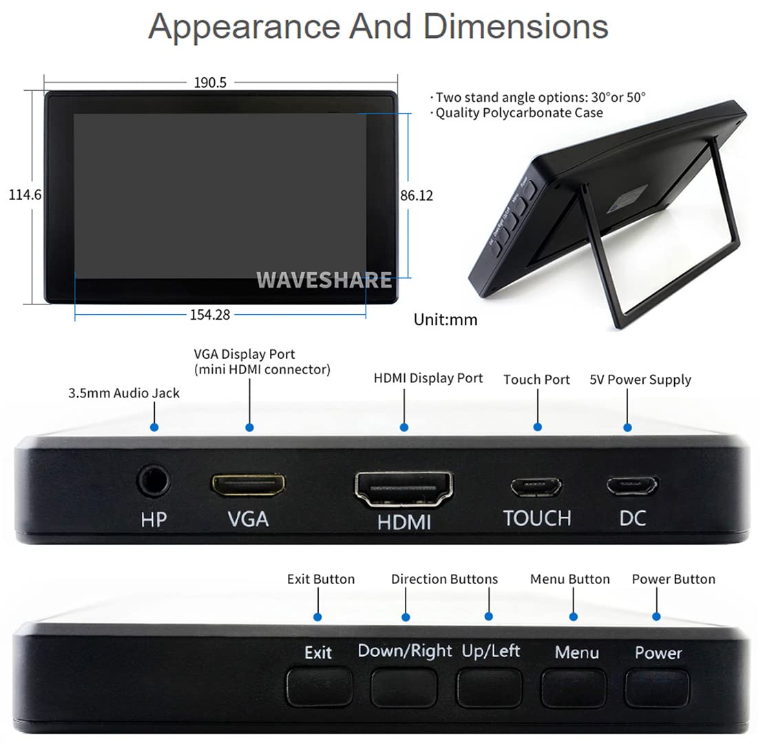 waveshare 7" IPS Display LCD Capacitive Touch Screen Monitor 1024x600 Resolution HDMI/VGA Port, for Raspberry Pi 4B/3B+/3B/2B/A+/Zero W/WH/Jetson Nano/Banana Pi/Windows 10/8.1/8/7