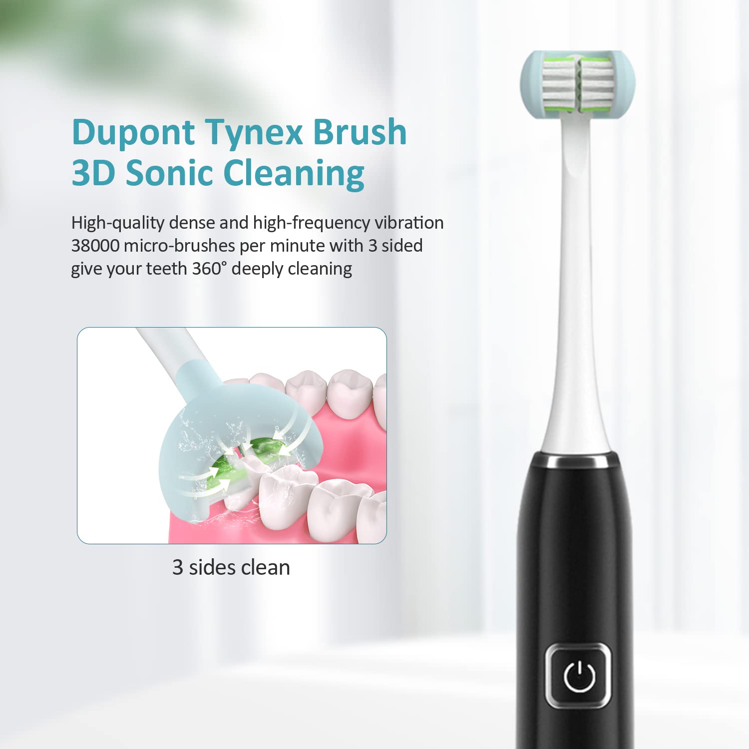 LEYUYO Travel Sonic Electric Toothbrush 360° Cleaning 3 Sided Brush Head 3D Waterproof Rechargeable Tooth Brush for Adults with 4pcs Brush Heads Replacement, Timer, 5 Modes, Black