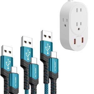 JSAUX Multi Plug Outlet Extender with USB [4AC+2USB-A]+ USB-C Cable 3A Fast Charging [3Pack, 10ft+6.6ft+3.3ft]