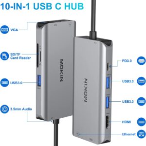 USB C Hub Multiport Adapter, 10 in 1 Dual Display USB C Hub with 4K HDMI, VGA, 100W PD 3.0, 3 USB 3.0,Gigabit Ethernet,SD/TF,Audio Port,USB C Docking Station Compatible for MacBookPro/Dell/Hp/Lenovo