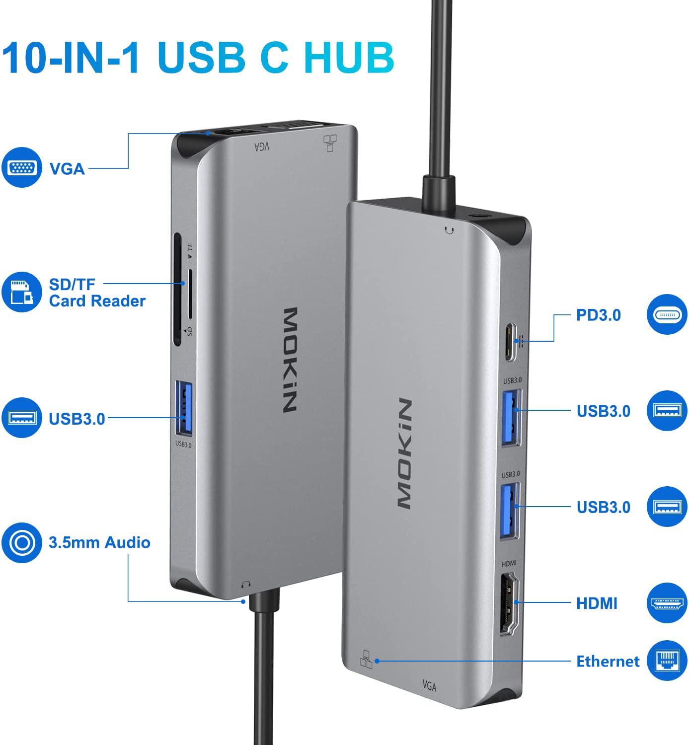 USB C Hub Multiport Adapter, 10 in 1 Dual Display USB C Hub with 4K HDMI, VGA, 100W PD 3.0, 3 USB 3.0,Gigabit Ethernet,SD/TF,Audio Port,USB C Docking Station Compatible for MacBookPro/Dell/Hp/Lenovo