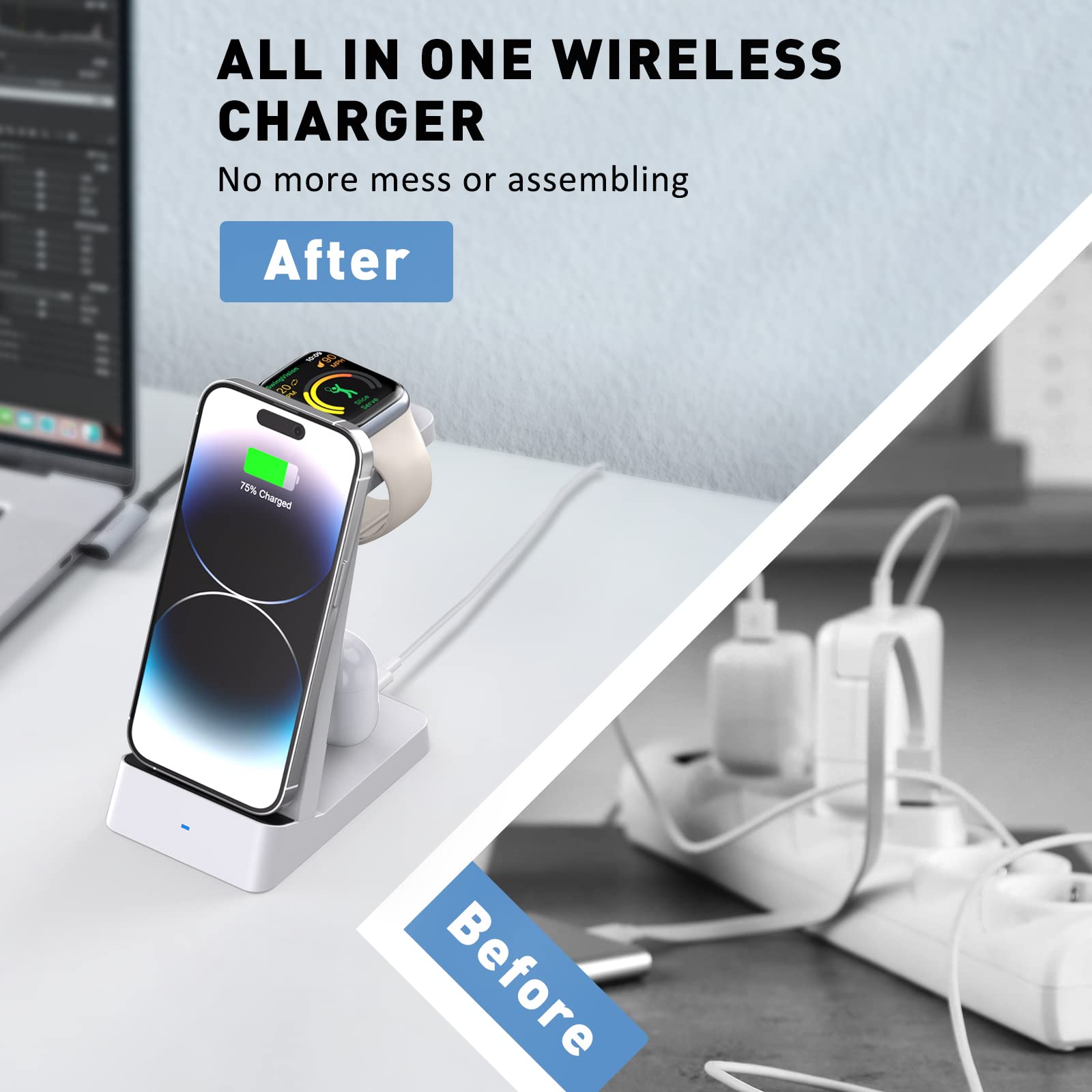 Wireless Charging Station,18W Fast Wireless Charger Compatible with iPhone 14/13/12/11/Pro/Max/SE/XS/XR/X/8 Plus/8, 3 in 1 Wireless Charging Dock Stand for Apple Watch Series & Airpods (with Adapter)