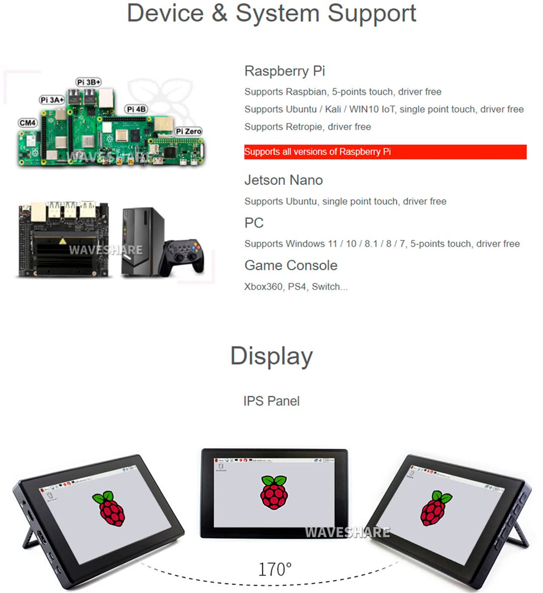 waveshare 7" IPS Display LCD Capacitive Touch Screen Monitor 1024x600 Resolution HDMI/VGA Port, for Raspberry Pi 4B/3B+/3B/2B/A+/Zero W/WH/Jetson Nano/Banana Pi/Windows 10/8.1/8/7