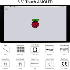 5.5inch Capacitive Touch AMOLED Display, 1080x1920 Pixel LCD Screen with Toughened Glass Cover, Support Raspberry Pi Raspberry Pi 4B/3B+/3B/2B/Zero/Zero W/Jetson Nano/Windows 11 /10 /8.1 /8 /7