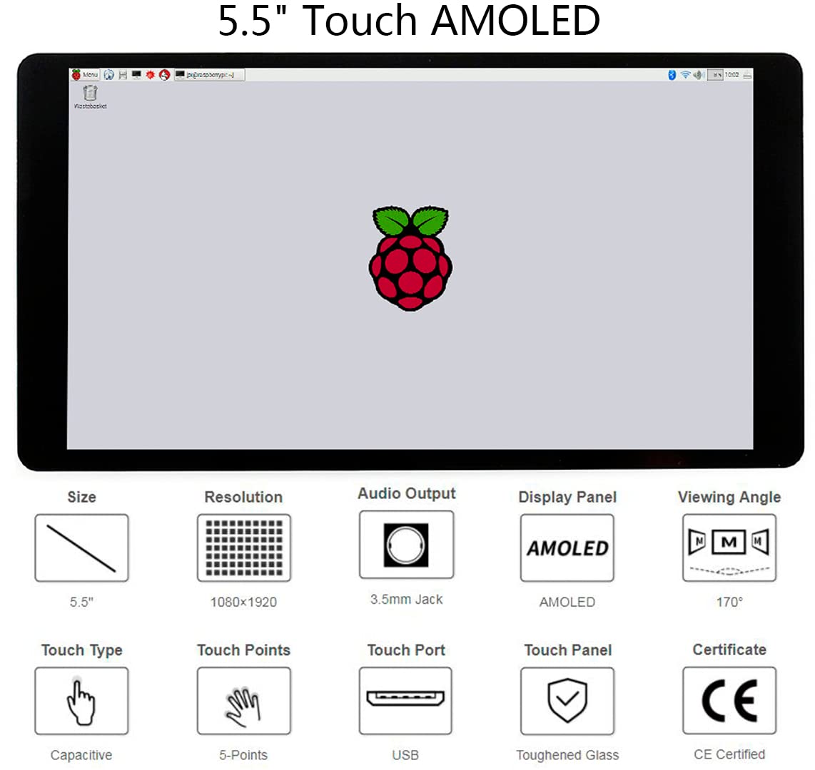 5.5inch Capacitive Touch AMOLED Display, 1080x1920 Pixel LCD Screen with Toughened Glass Cover, Support Raspberry Pi Raspberry Pi 4B/3B+/3B/2B/Zero/Zero W/Jetson Nano/Windows 11 /10 /8.1 /8 /7