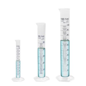 3 pcs plastic graduated cylinder set, 3 sizes 10ml 50ml and 100ml, pp material measuring cylinders with hexagonal base and blue printed graduation,mcps3a1