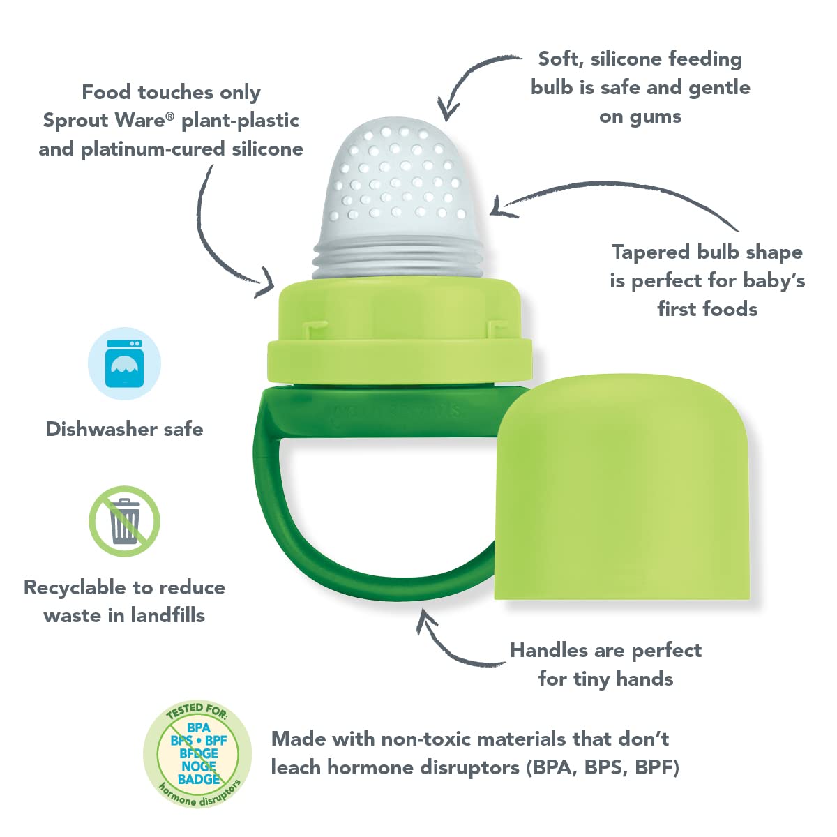 green sprouts Sprout Ware Plant-Plastic First Foods Feeder Made from Plants, Encourages Self-Feeding, Soft Silicone Bulb, Green