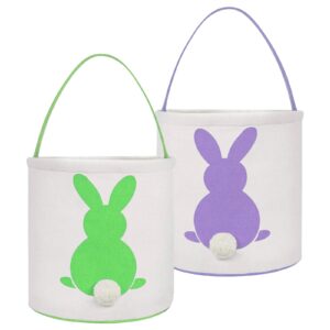 2pcs easter baskets easter eggs bags bunny canvas bags for kids, rabbit fluffy tails party celebrate decoration gifts bags for easter bunny bag to carry eggs candy and gifts (green&purple)