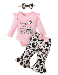 detigee baby girl cow print outfit newborn coming home bodysuit baby bell bottom outfit (black,0-3 months)