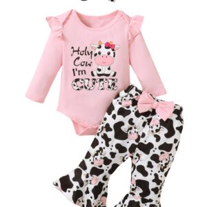 Detigee Baby Girl Cow Print Outfit Newborn Coming Home Bodysuit Baby Bell Bottom Outfit (Black,0-3 Months)