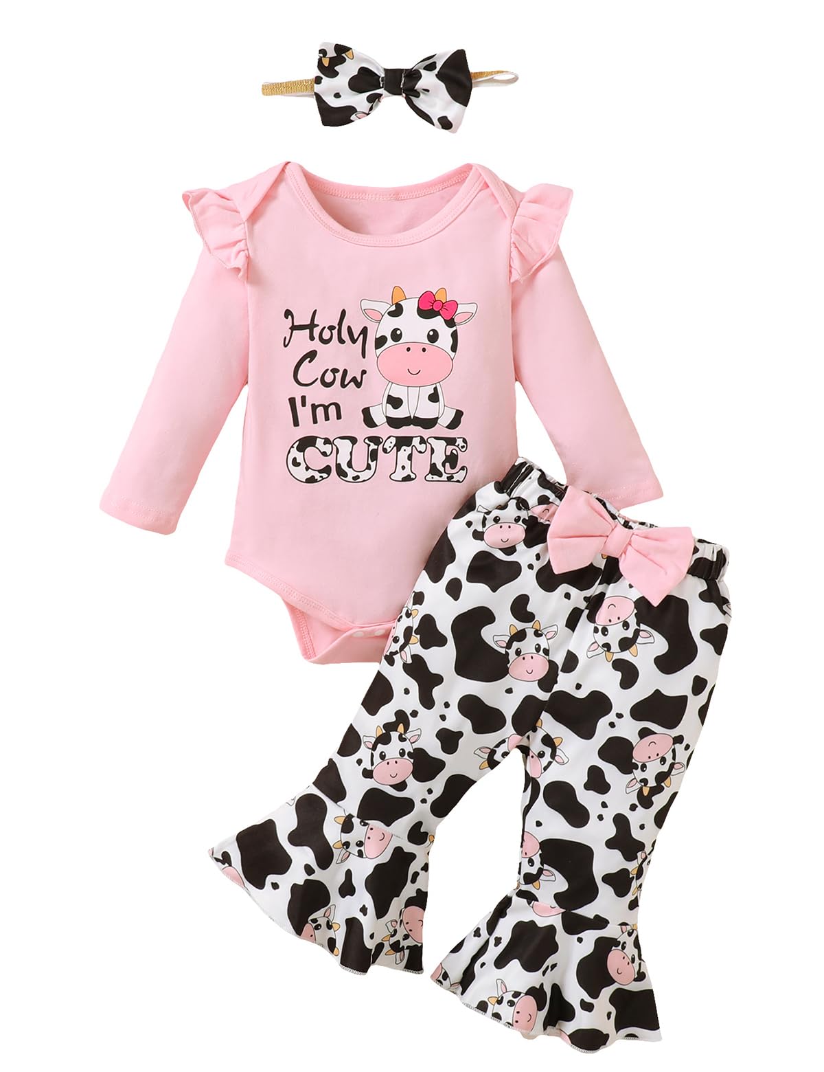 Detigee Baby Girl Cow Print Outfit Newborn Coming Home Bodysuit Baby Bell Bottom Outfit (Black,0-3 Months)