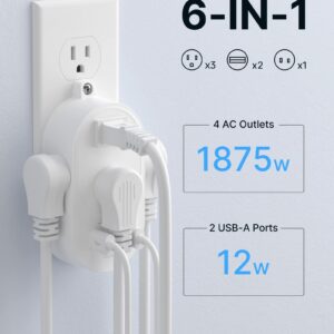 JSAUX Multi Plug Outlet Extender with USB [4AC+2USB-A]+ USB-C Cable 3A Fast Charging [3Pack, 10ft+6.6ft+3.3ft]