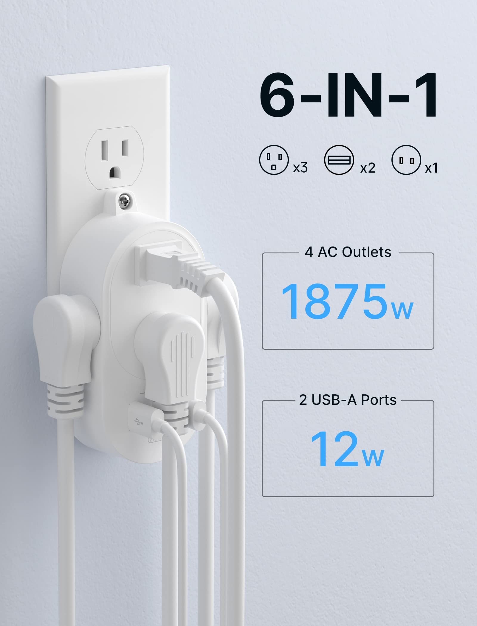 JSAUX Multi Plug Outlet Extender with USB [4AC+2USB-A]+ USB-C Cable 3A Fast Charging [3Pack, 10ft+6.6ft+3.3ft]