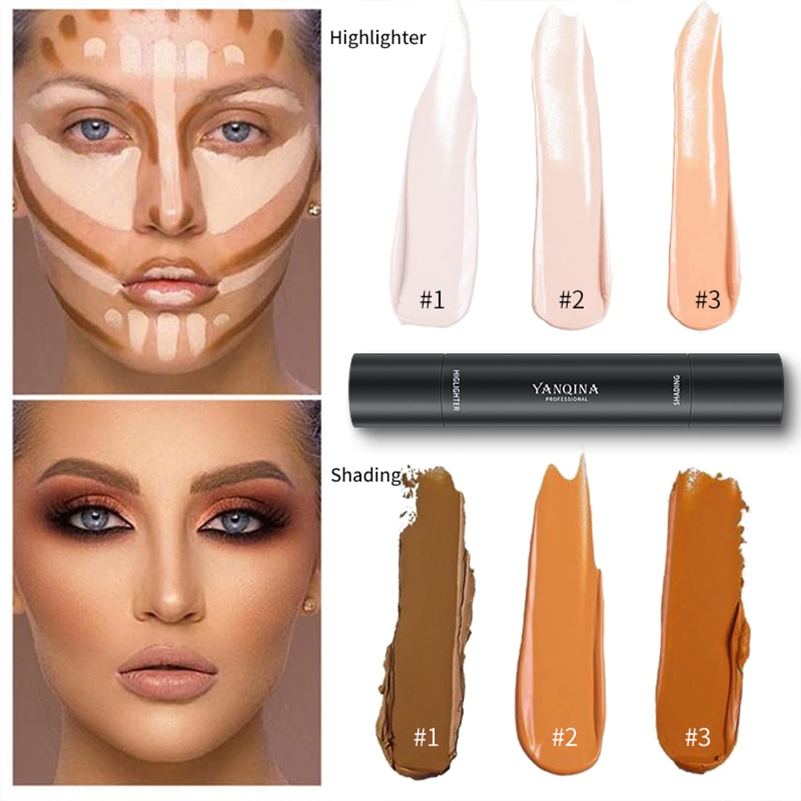 Highlight Contour Stick, 2 in 1 Body Makeup Shading Stick, Face Highlighters Sticks, Concealer Contour Highlighter Stick,Cruelty Free Makeup,double-end face concealer contouring sticks cream (01#Lvory+Dark Brown)