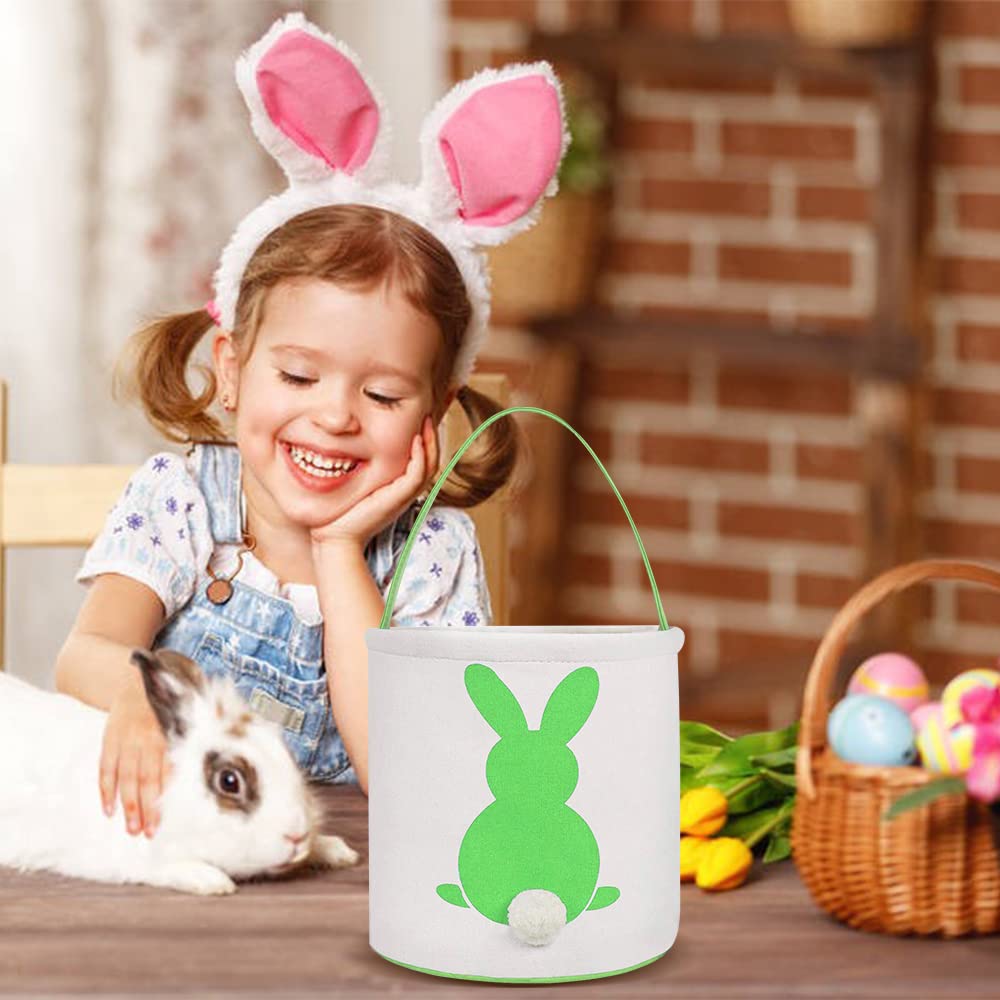 2Pcs Easter Baskets Easter Eggs Bags Bunny Canvas Bags for Kids, Rabbit Fluffy Tails Party Celebrate Decoration Gifts Bags for Easter Bunny Bag to Carry Eggs Candy and Gifts (Green&Purple)