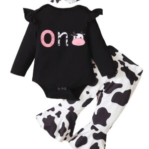 Detigee 1st Birthday Outfit for Girls Cow Birthday Outfit Infant First Birthday Clothes (Black,12-18 Months) (A1019A)