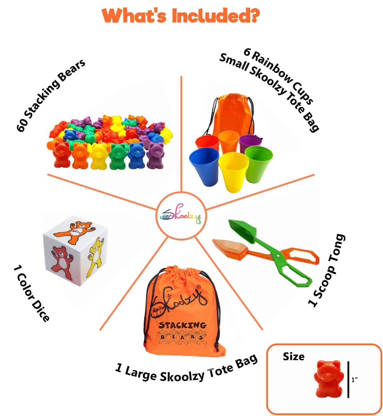 Skoolzy Stacking Toddler Peg Board 38 Piece Set and Rainbow Sorting Bears with Matching Cups 69 Piece Set Montessori Occupational Therapy Toddler Toys Kit with Storage Bags and eBook