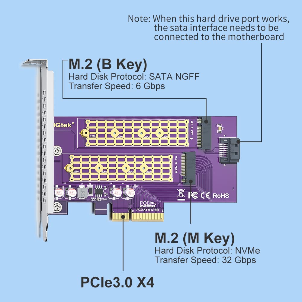 10Gtek 2-Port M.2 NVMe Adapter M-Key and B-Key, PCIe X4 Gen3.