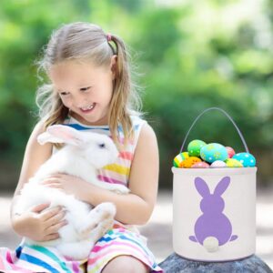 2Pcs Easter Baskets Easter Eggs Bags Bunny Canvas Bags for Kids, Rabbit Fluffy Tails Party Celebrate Decoration Gifts Bags for Easter Bunny Bag to Carry Eggs Candy and Gifts (Green&Purple)