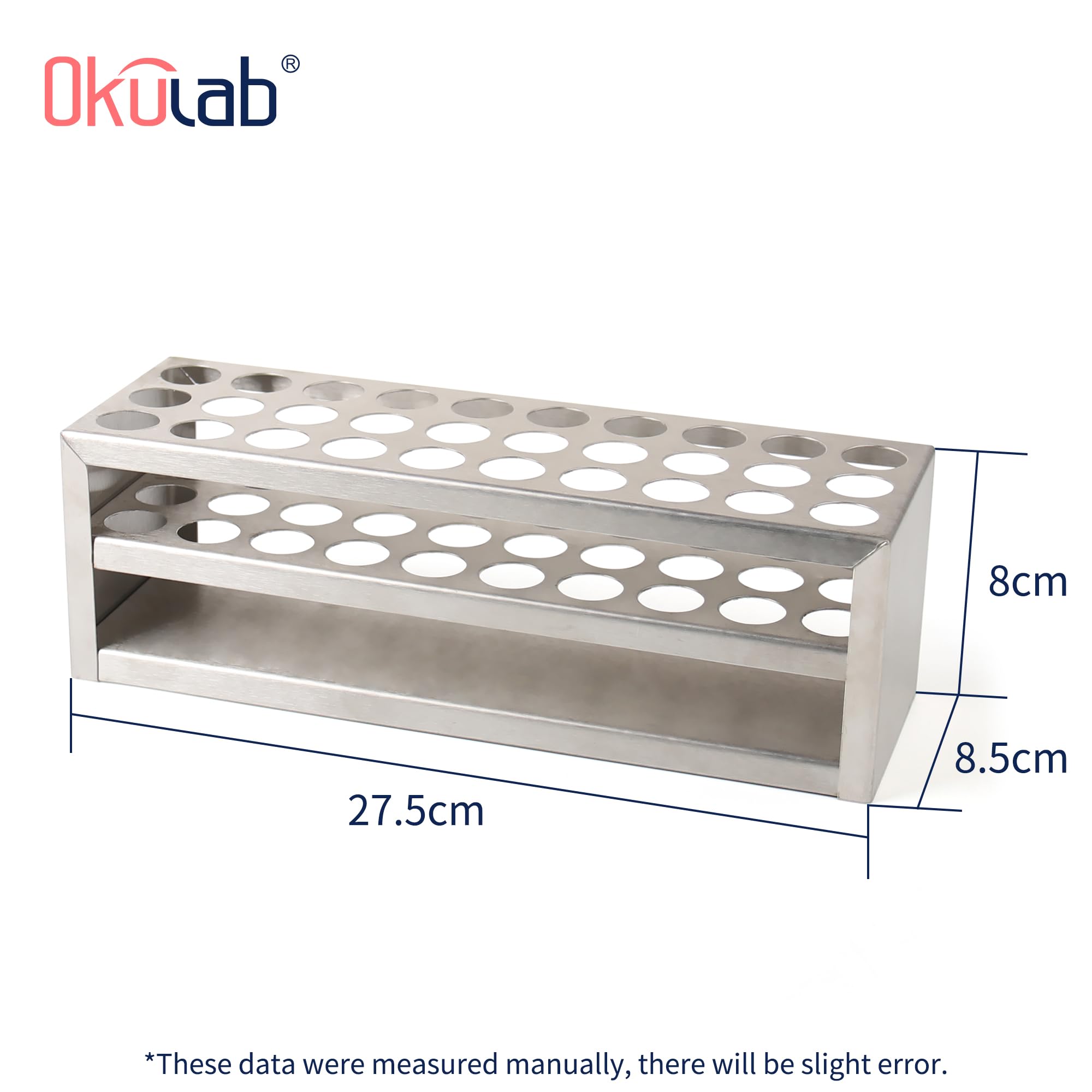 Okulab Test Tube Rack, 30 Holes Stainless Steel Test Tube Rack, with Extended Edges Providing Handles, Suitable for Tubes of Dia.≤18mm, Round Holes Test Tube Holder, for Classroom, Lab, TTRS30A1